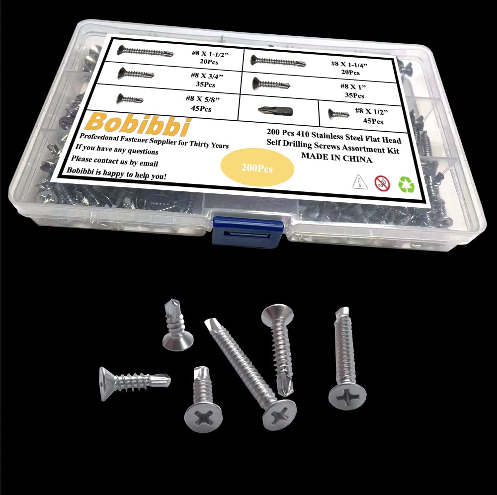 Bobibbi 410 Stainless Steel #8 Self Drilling Screw Assortment Kit, Flat Head Sheet Metal Screws - Size: #8 x 1/2'' - 1-1/2'' - Pack of 200