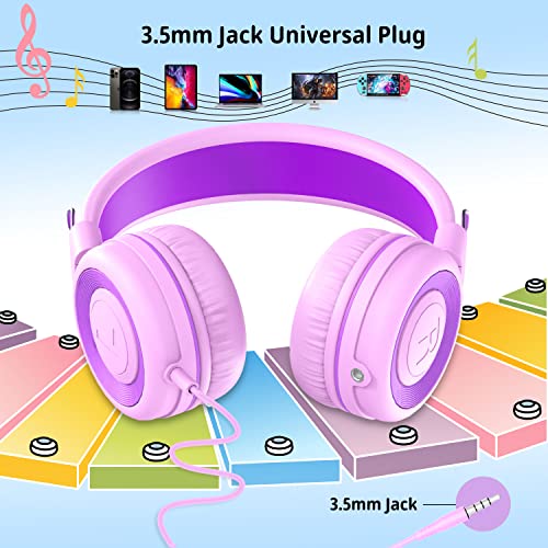 Kids Headphones Wired Headset for School with Adjustable Headband,3.5mm Jack Foldable On-Ear Headphones with Sharing Cable for Girls Boys Teens Children,Pink