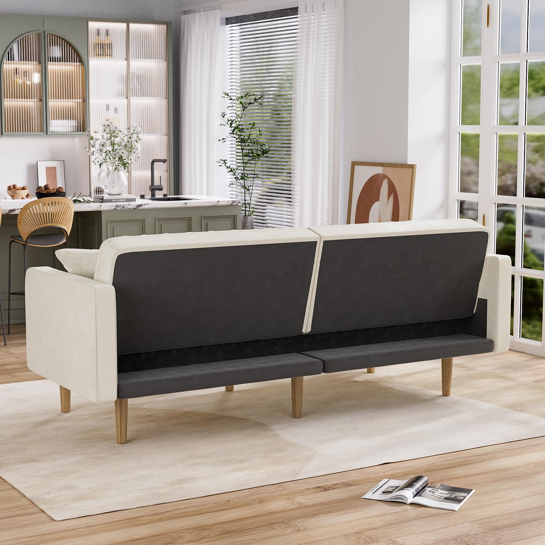 OUYESSIR Futon Sofa Bed, 75.3", Couch, Small Sofa, Sleeper Sofa, Loveseat, Mid Century Modern Velvet Futon Couch with 2 Pillows for Living Room (Beige White Velvet, Futon)