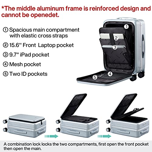 Hanke 20 Inch Carry On Luggage with Front Pocket Aluminum Frame (Can Not Open in The Middle) Hard Shell Suitcases with Wheels Rolling Luggage Suitcase with Lock Travel Luggage for Weekender- Grey