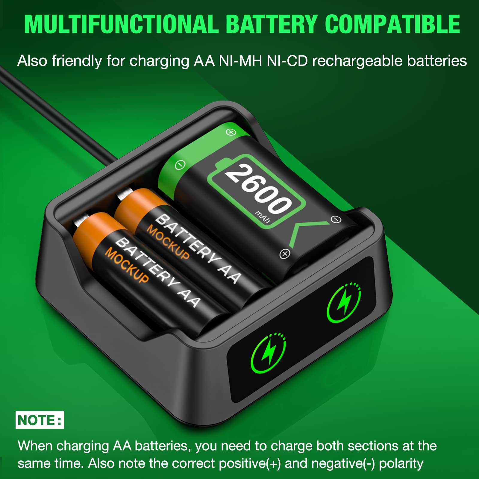 Charger with Xbox One Controller Battery Pack, 2x2600 mAh Rechargeable Battery Pack for Xbox Series X|S/Xbox One/Xbox One S/X/Elite Controllers, Charger Station for Xbox One Rechargeable Battery Pack