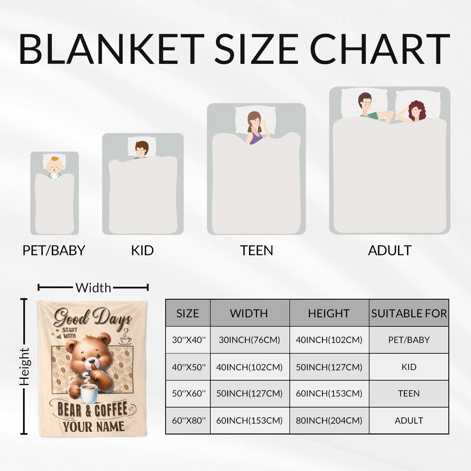 Customized Bear Blanket for Teens - Soft Warm Coffee Throw Blanket with Name - 50" x 60" Inches Blankets for Couch - Funny Throws Gift