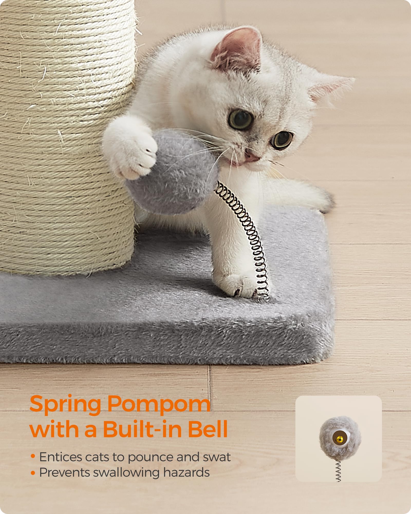 Feandrea Cat Scratching Post, 20.8-Inch Tall Cat Scratcher for Kittens, Small and Medium Cats, Sisal Scratch Pole, Spring Pompom with Built-in Bell, Dove Gray UPCA023G01
