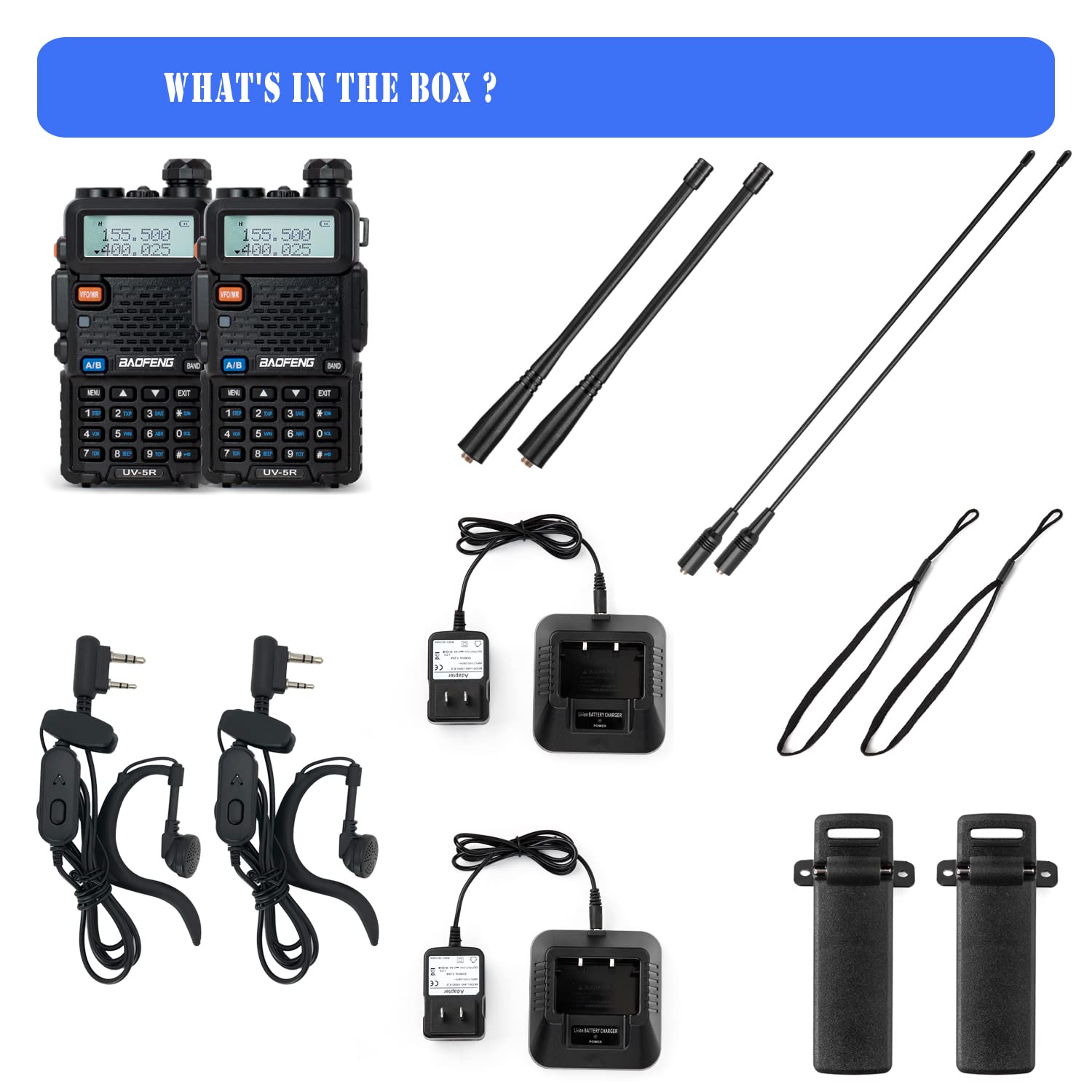 BAOFENG UV-5R Radio (VHF & UHF) with 2 Rechargeable Batteries, Long Range Handheld Ham Radios with High Gain Long Antenna and Earpiece(2 Pack)