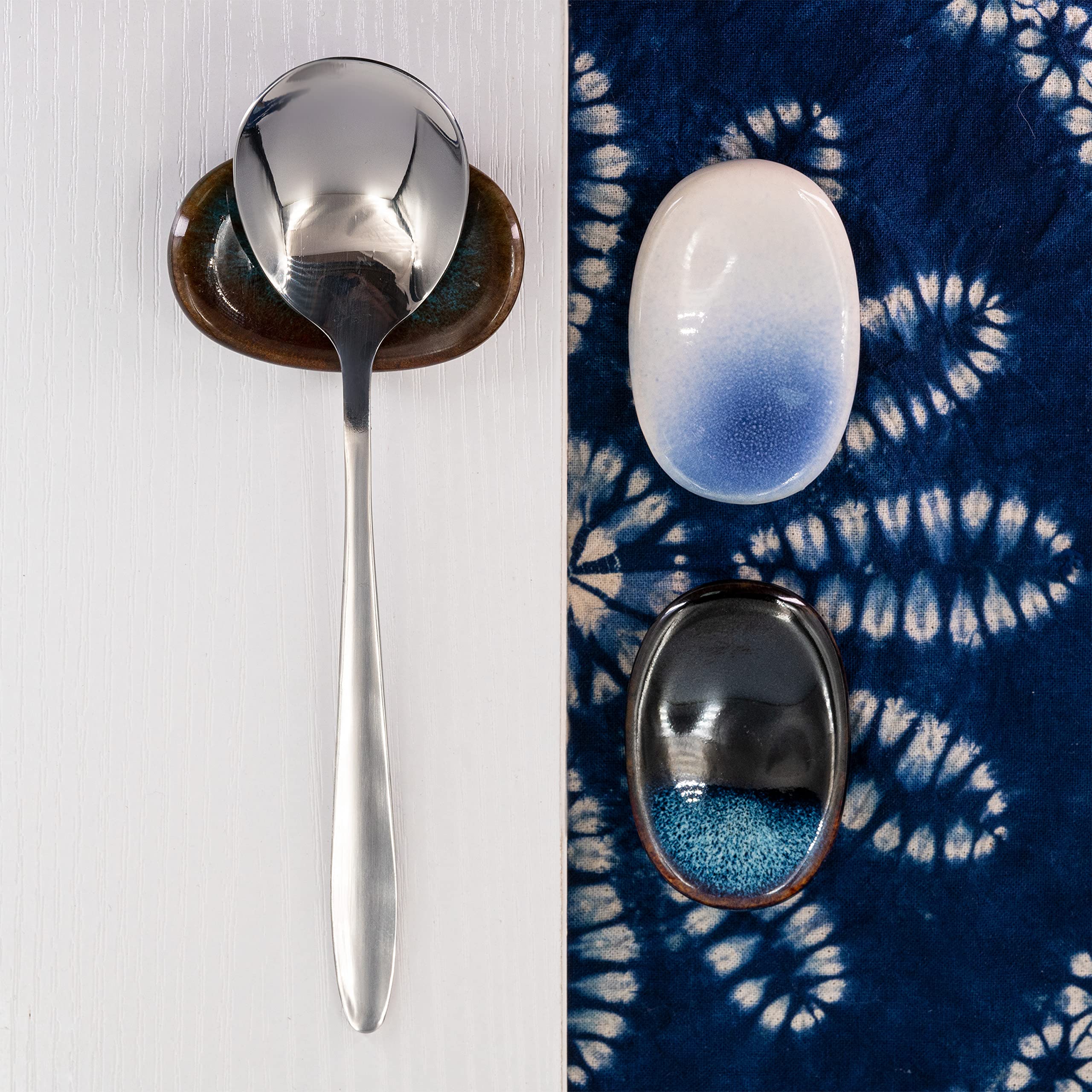Ceramic Stable Small Spoon Rest 3PCS for Stove Top Heat Resistant Porcelain Coffee Spoon Utensil Holder for Kitchen Counter Dishwasher Safe Kitchen Dining Table Decor and Accessories (Ellipse-No.2)