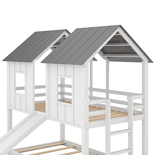 Polibi Twin-Over-Twin Wooden House Bunk Bed with Slide, Windows, Ladder and Guardrails, Twin Size White House Bunk Bed
