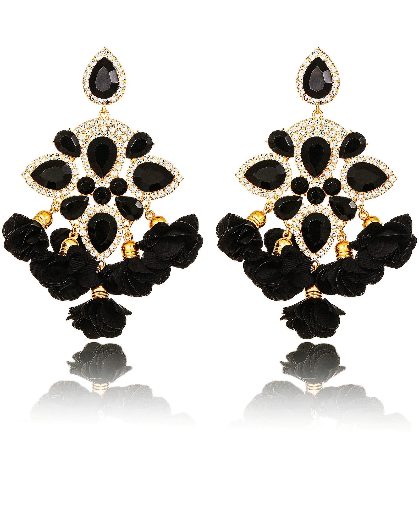 BOBOWINGS Black Earrings for Women, Big Crystal Rhinestones Flower Tassel Dangle Balck and Gold Statement Handmade Earrings Trendy