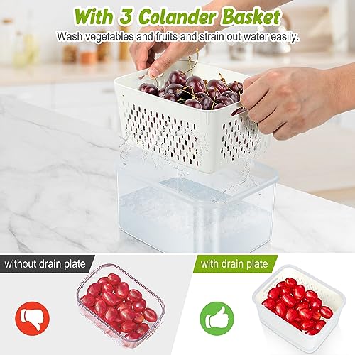 ODOMU 3 Pack Fridge Berry Storage Container with Lids with Strainer, Plastic Fresh Produce Saver Keeper for Vegetable Fruit Meat Lettuce, BPA Free Kitchen Refrigerator Organization (3.15L+1.7L+0.8L)