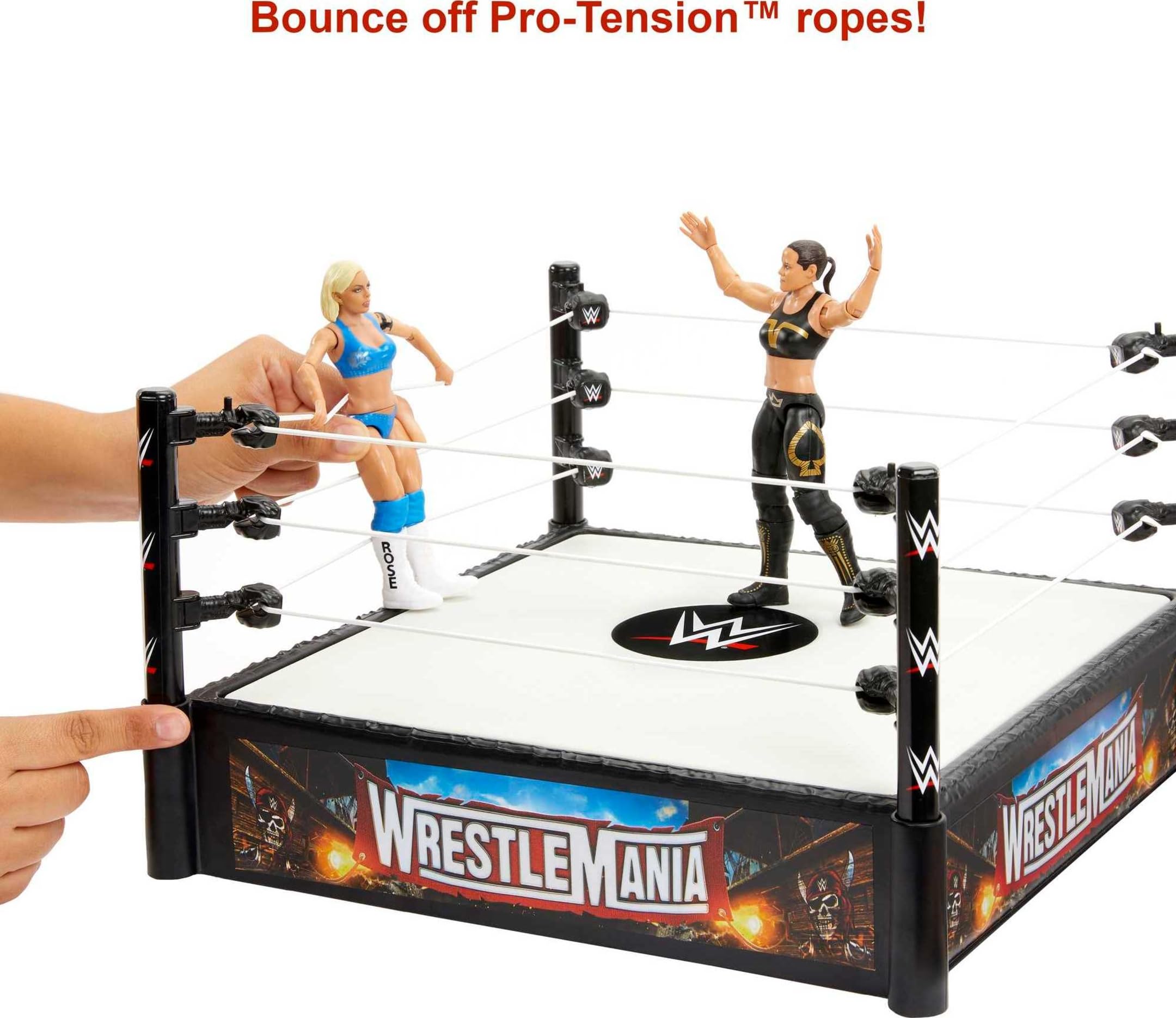 Mattel WWE Superstar Ring, 14 inches with Spring-Loaded Mat, 4 Event Apron Stickers & Pro-Tension Ropes for WWE 6-inch Action Figures