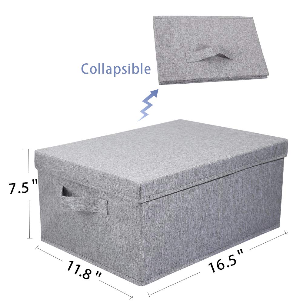 HOONEX Linen Foldable Storage Bins with Lids, 2 Pack, Storage Boxes with Carrying Handles and Study Heavy Cardboard, 16.5" L x 11.8" W x 7.5" H for Toy, Shoes, Books, Clothes, Nursery, Light Grey