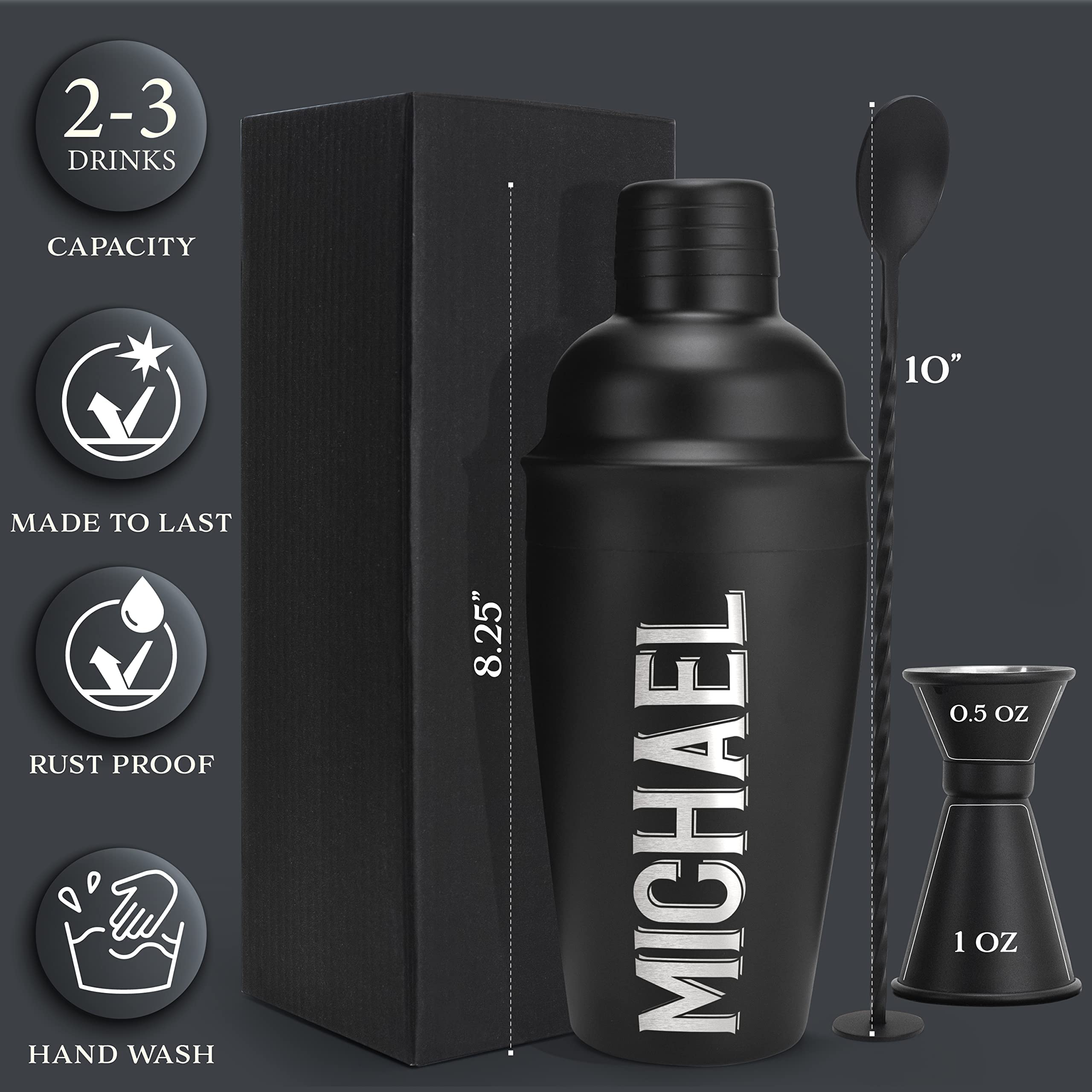 Custom Bartender Kit, Engraved Cocktail Shaker Set, Personalized w/Name, 18 Oz Black Stainless Steel Martini Shaker w/Strainer, Jigger & Spiral Cocktail Spoon, Gifts for Men