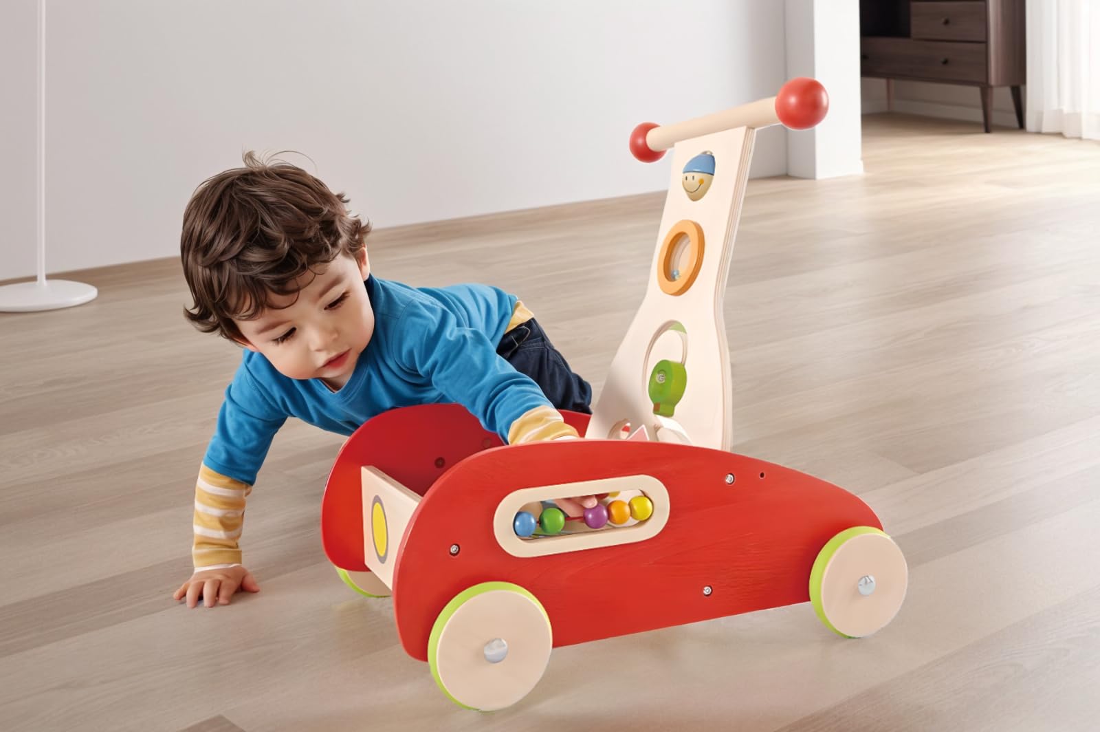 Hape Wonder Walker Push and Pull Toy | Award Winning Wooden Toddler Walking Activity Center, Rolling Baby Walker Toy, Red/Natural
