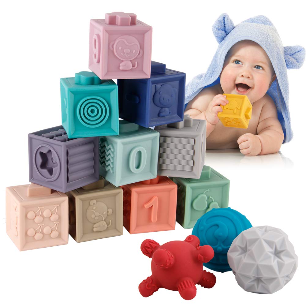 BOBXIN Baby Stacking Building Soft Block Toys, Infant Shape Sorter with Sensory Texture, Educational Learning Toy for Play Matching & Threading Game, Silicone Teething Toys for Babies 6-12 Months