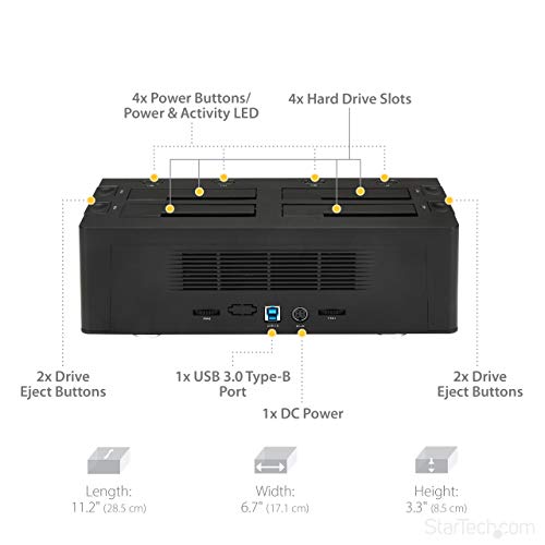 StarTech.com 4-Bay USB 3.0 To SATA Hard Drive Docking Station, USB Hard Drive Dock, External 2.5/3.5" SATA III SSD/HDD Docking Station, Hot-Swap Hard Drive Bay, Top-Loading (SDOCK4U33),Black