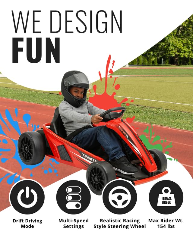 Hyper 24V Ride-On Electric Go Kart for Kids 8-14 Years, 3-Speed Setting with Drift Kart Mode, Foot Accelerated Pedal, Up to 9MPH Speed, 154 Lbs Max Weight, Ergonomic Seat & Sturdy Steel Frame, Red