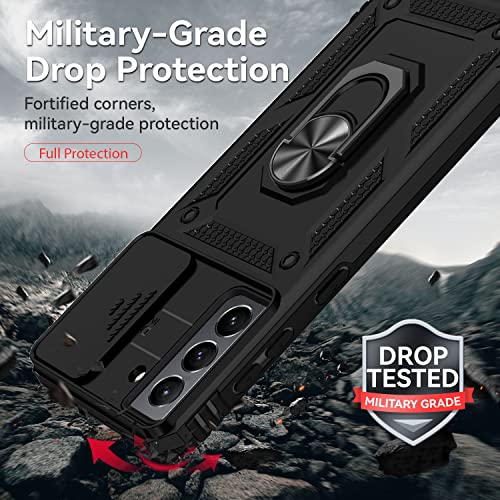 for Samsung Galaxy S21 Case with Camera Lens Cover HD Screen Protector, Dual Layer Military-Grade Drop Tested Magnetic Ring Holder Kickstand Protective Phone Case for Samsung Galaxy S21 5G (Black)