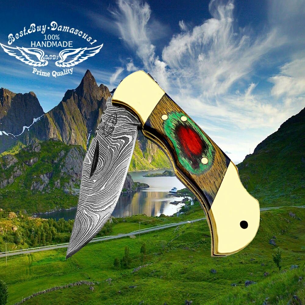 Best.Buy.Damascus1 Multi Color Wood 5.5'' Custom Handmade Damascus Steel Double Brass Bloster With Sharpening Rod Folding Pocket Knife Back Lock Prime Quality Come With Leather Sheath