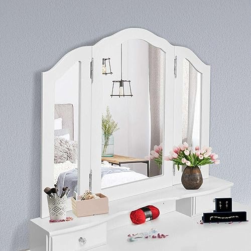 KJNS White Tri Folding Mirror Vanity Makeup Table Stool Set Desk with 4 Drawers Vanity Desk Makeup Vanity Side Tables Bedroom Vanity Table Portable Desk Vanity Set