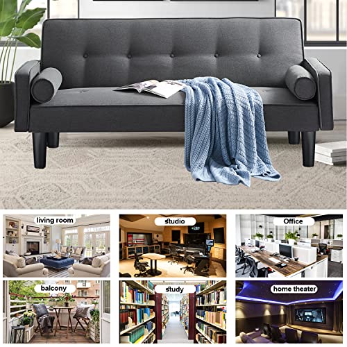 Hooseng Modern Futon Sofa Bed, Upholstered Convertible Folding Sofa Couch with 2 Bolster Pillows, Button Tufted Fabric Couch for Small Spaces, Living Room, Lounge, Apartment, Office, Blue