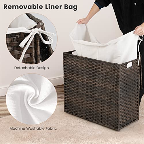 Giantex Laundry Hamper with Lid and Handle, 35 Gal (130L) Wicker Laundry Basket, 3-Section Removable Liner Bag, Synthetic Rattan Divided Clothes Hamper Storage Organizer for Bathroom (Brown)