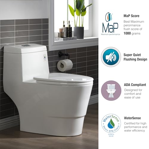WOODBRIDGEE One Piece Toilet with Soft Closing Seat, Chair Height, 1.28 GPF Dual, Water Sensed, 1000 Gram MaP Flushing Score Toilet with Chorme Button, White,B0940-F-C