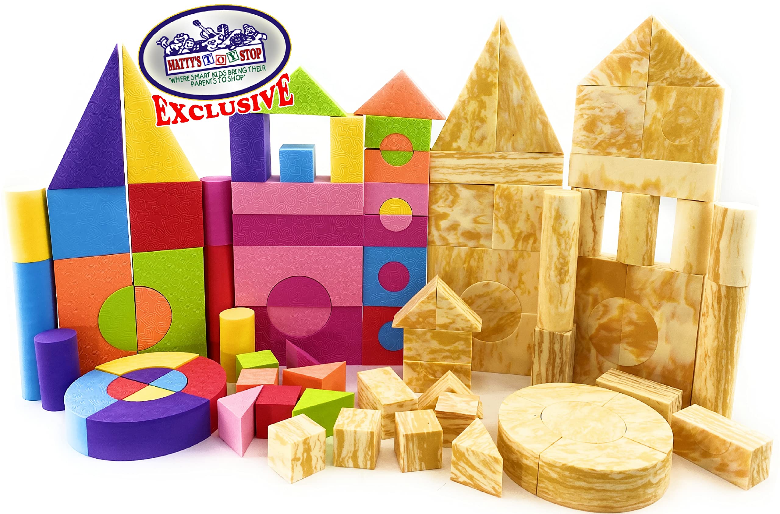 Matty's Toy Stop Deluxe EVA Soft Foam Colorful Building Blocks (52 PCS) & Wood Grain Soft Building Blocks (52 PCS) Gift Set Bundle with Carry Cases - 2 Pack (104 PCS Total)
