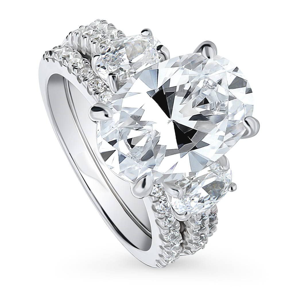 BERRICLE Sterling Silver 3-Stone Wedding Engagement Rings Oval Cut Cubic Zirconia CZ Ring Set for Women, Rhodium Plated Size 7