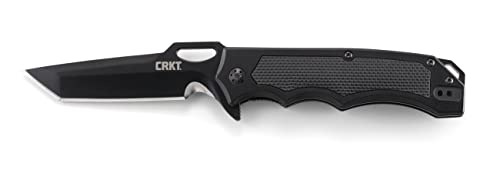 CRKT Septimo EDC Folding Pocket Knife: Everyday Carry, Black Serrated Edge Tanto, Veff Serrations Flipper and Thumb Slot Opening, Aluminum Handle with TPR Insert, Reversible Pocket Clip 7050