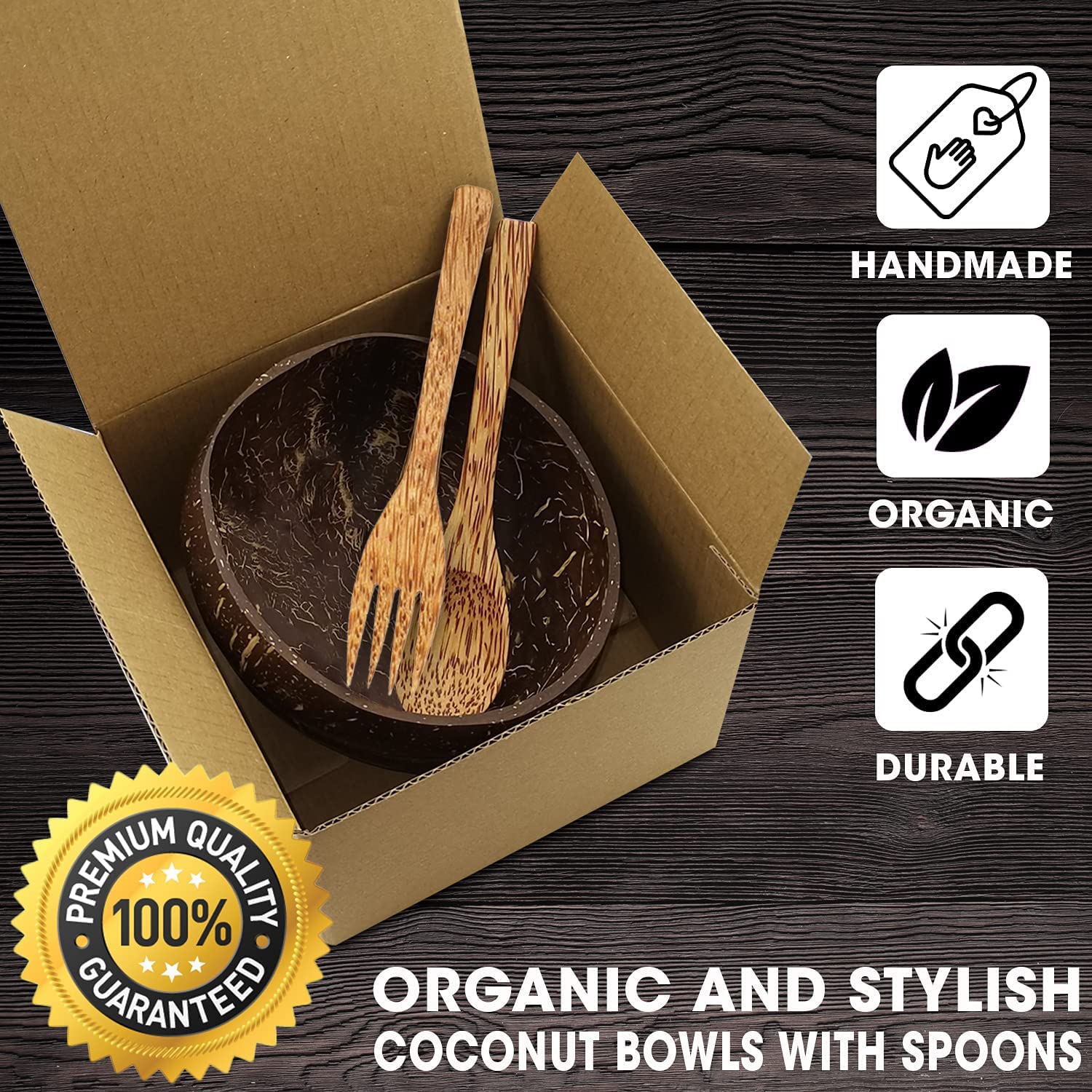 CEREM Coconut Bowl with Wooden Spoon and Fork Handmade Kitchen Utensils for Fruit Salad Dessert Smoothie Breakfast Party Meals Serving Home Decor, Natural 1 Set