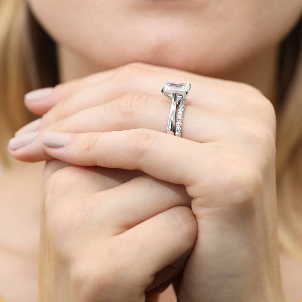 BERRICLE Sterling Silver Solitaire Wedding Engagement Rings 2.6 Carat Emerald Cut Cubic Zirconia CZ Ring Set for Women, Rhodium Plated Size 6