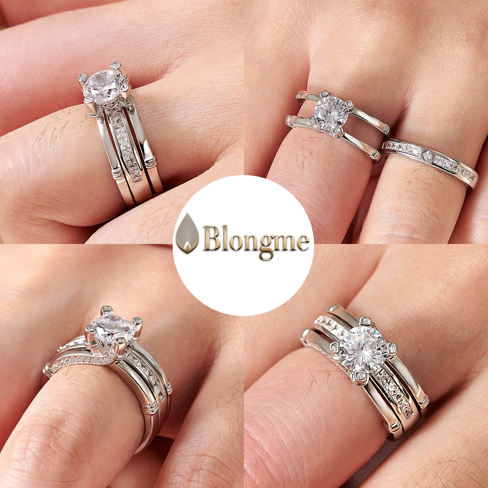 Blongme Wedding Ring Sets for him and her Women Sterling Silver CZ His Men Titanium Wedding Band Couples 925 Sterling Silver Size 5&8