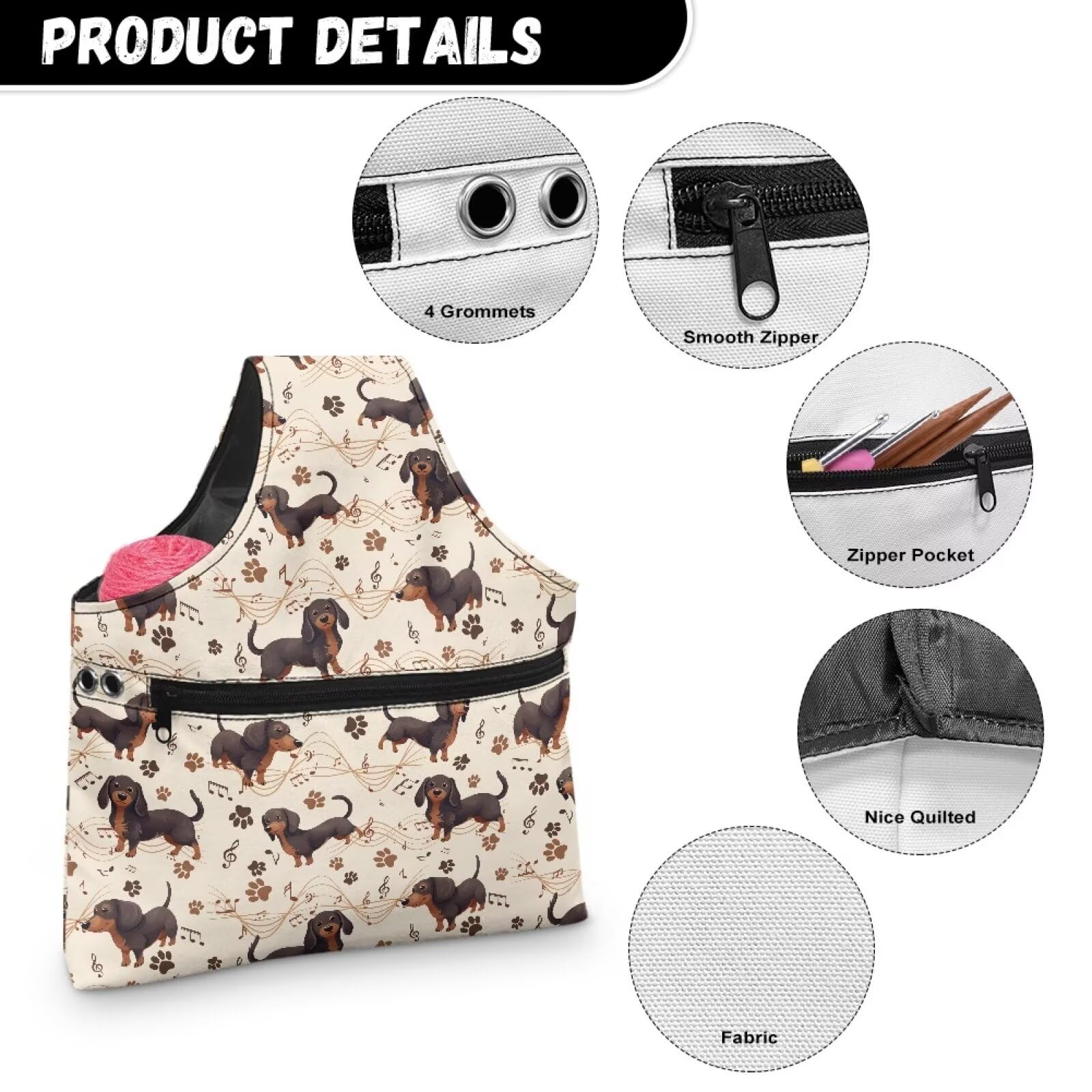 doginthehole Cute Dachshund Yarn Bag Knitting Bag Storage for Crocheting Accessories, Kawaii Dog Knitting Bag Crochet Hook Case Organizer Crochet Bag Kit for Beginners, Large Size