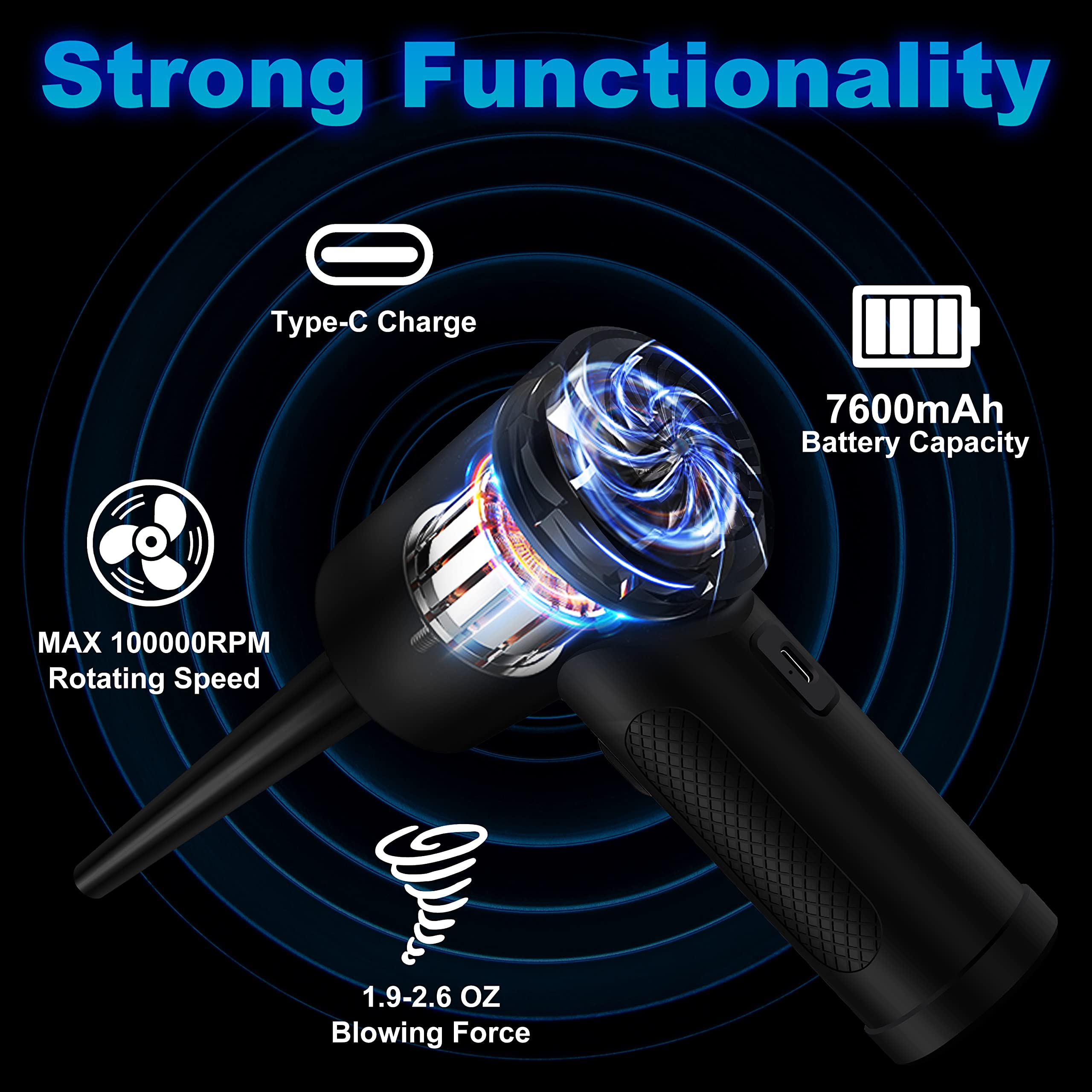 Compressed air Duster, LED 100000RPM 3 Gear Rechargable Keyboard Cleaner, 7600mAh Electric air Duster, Replace Canned air Duster Compressed air, Reusable no air can Duster, pc Computer Cleaner