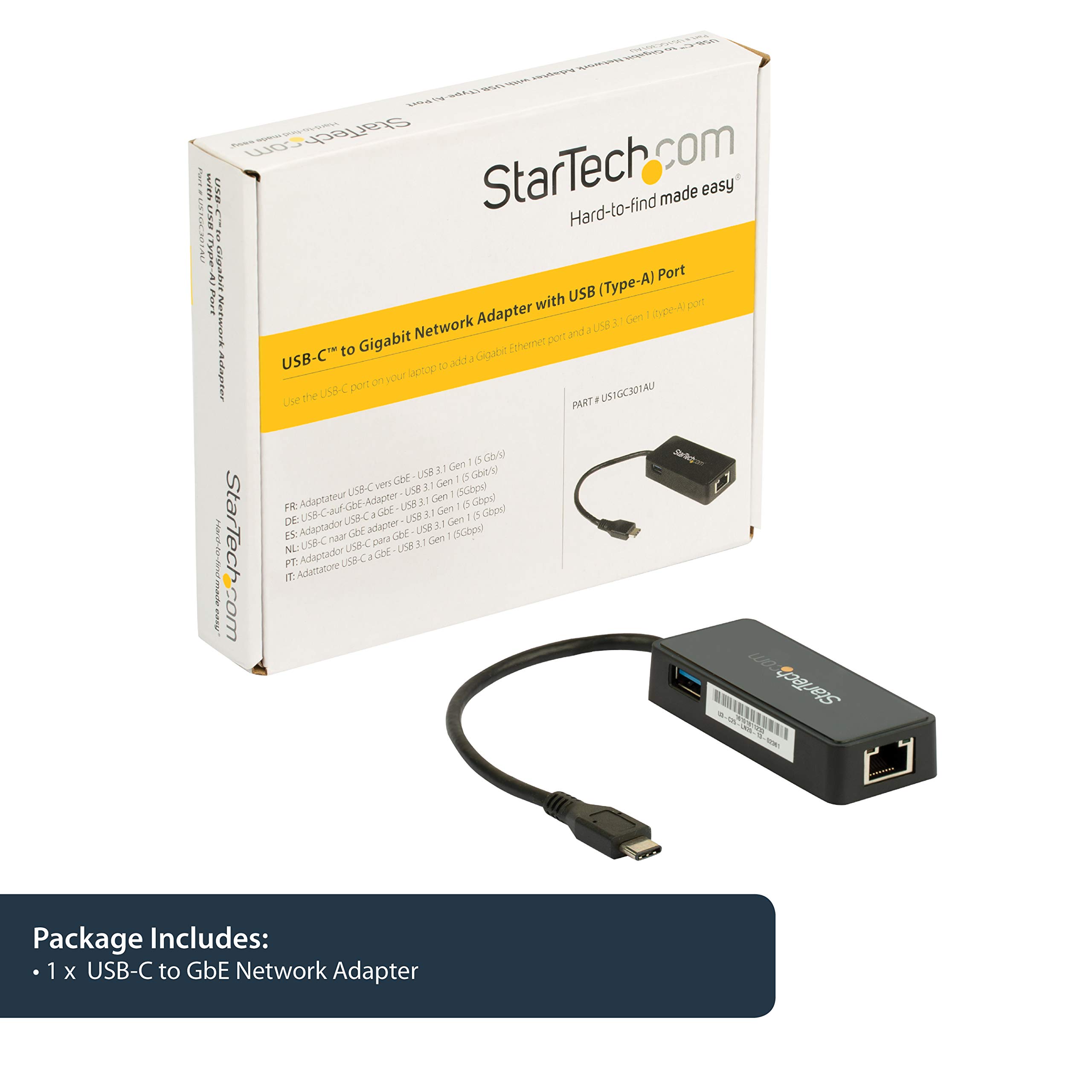 StarTech.com USB-C to Ethernet Gigabit Adapter - Thunderbolt 3 Compatible - USB Type C Network Adapter - USB C Ethernet Adapter (US1GC301AU)