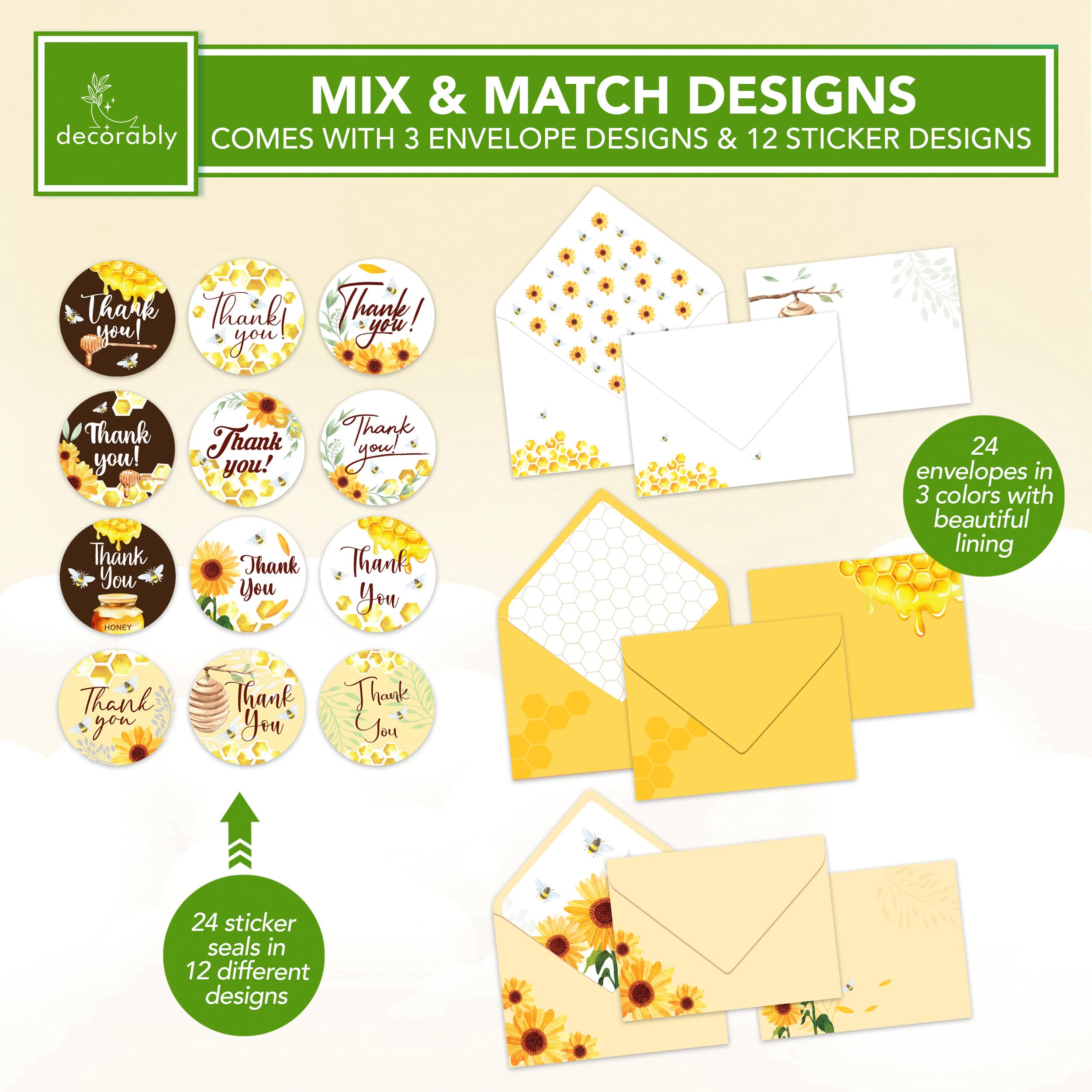 Decorably Thank You Cards with Envelopes & Stickers - 24 Pack Honey Bee Thank You Cards with Envelopes & Stickers, Blank Inside Bee Note Cards, 6x4in Bee Notecards, Bee Cards with Envelopes
