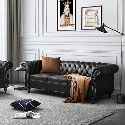 NOSGA Modern 3 Seater Couch, Large Sofa Furniture, Roll Arm Classic Tufted Chesterfield Settee Leather Sofa with Channel Tufted Seat Back for Living Room, Black PU