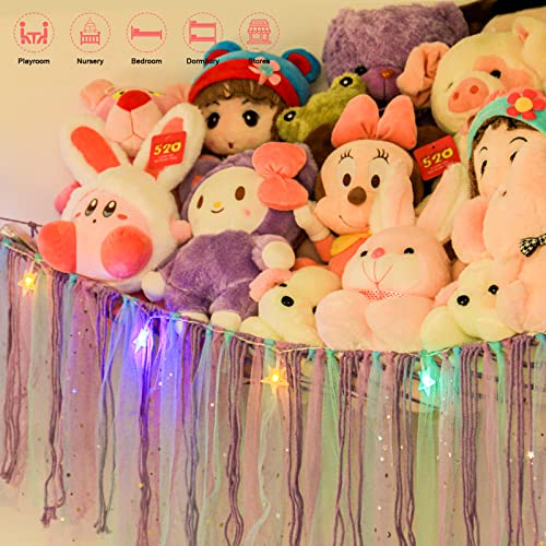 Stuffed Animal Net or Hammock with LED Light, Toy Hammock Hanging Stuffed Animal Storage Organizer Holder Room Décor with Tassels for Nursery Play Room Kids Bedroom (Purple)