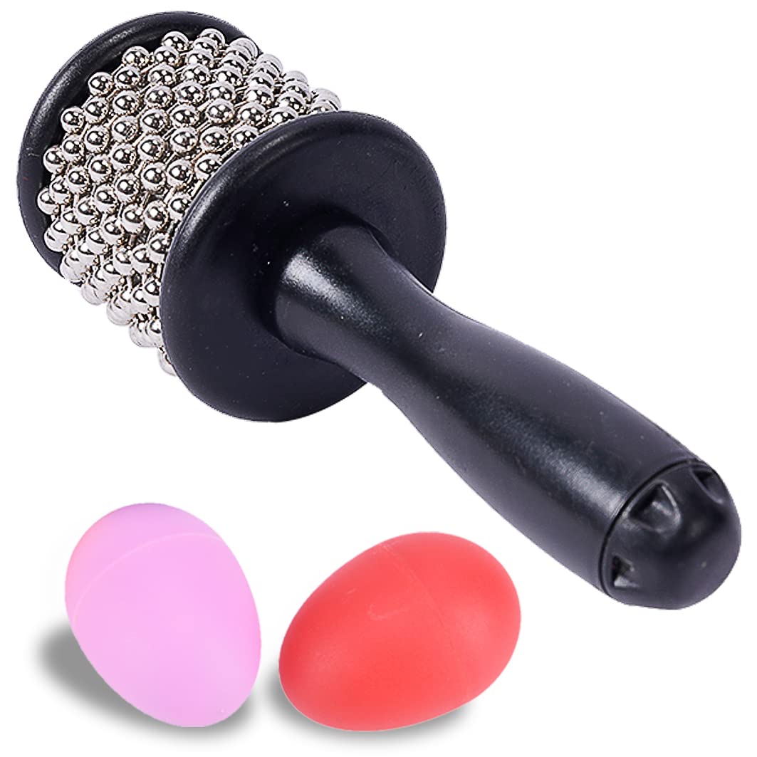 Cabasa Instrument with 2 Egg Shakers, Hand Percussion Afuche - Black (D2.5" Cabasa)