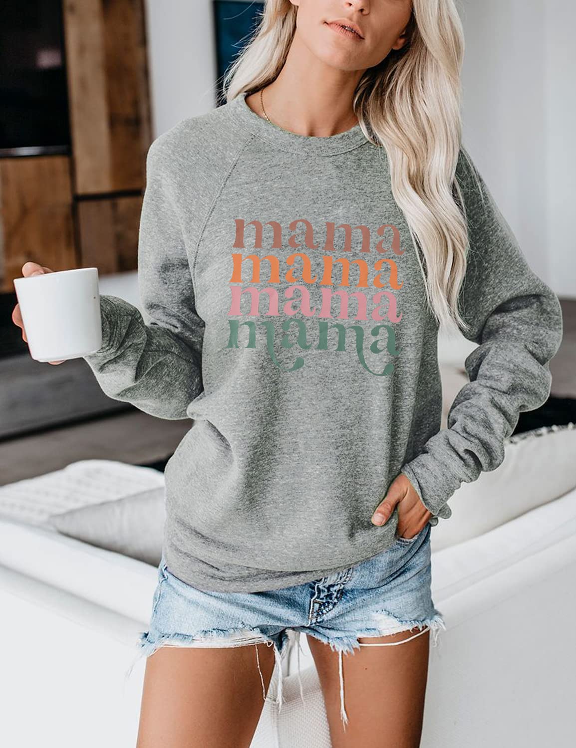 Blooming Jelly Women's Fall Oversized Mama Sweatshirt Crewneck Long Sleeve Tops Casual Letter Print Cute Shirts Pullover Top（Large,Grey