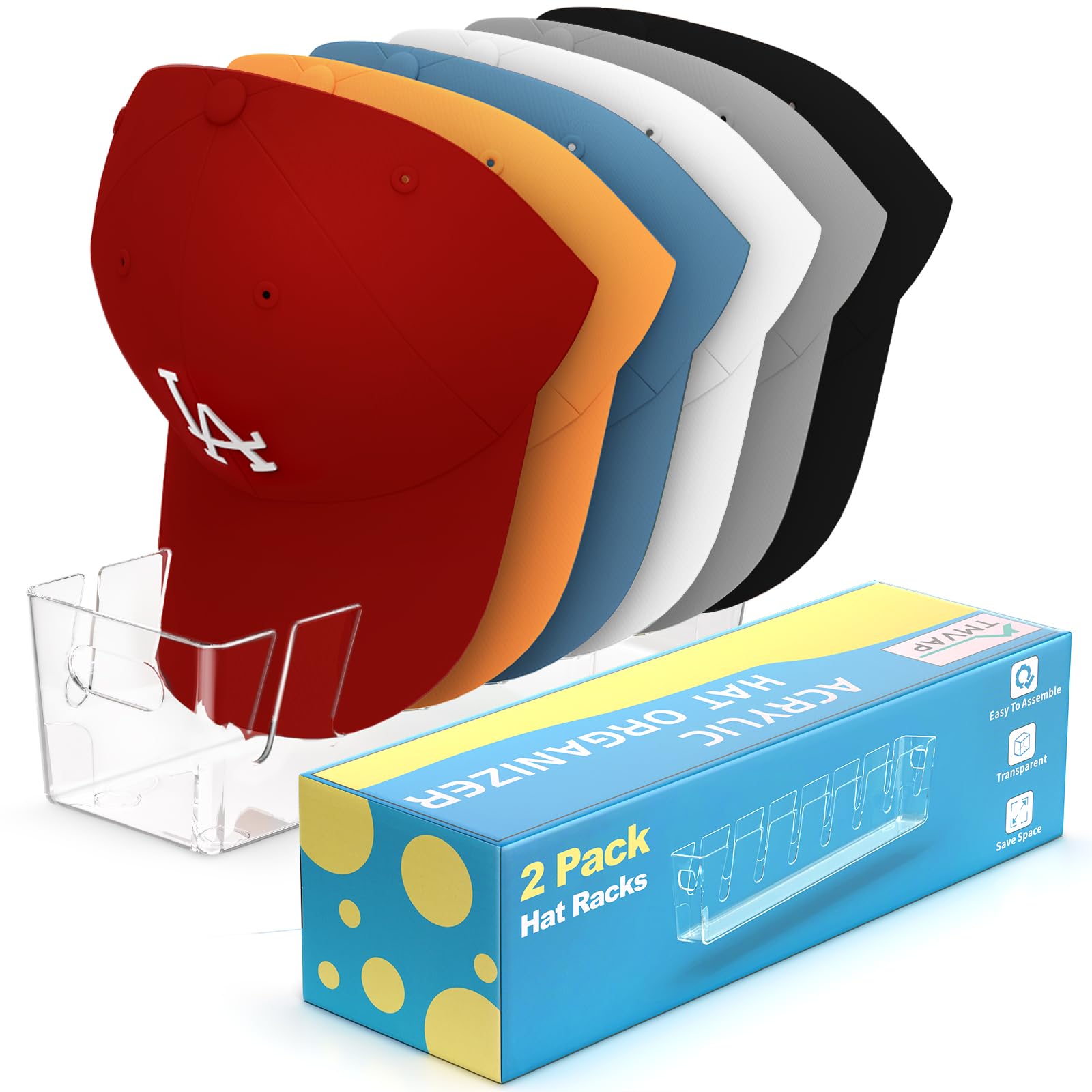 TMVAP 2024 New Hat Stand for Baseball Caps Display and Organizer-2 Pack No Install Acrylic Hat Organizer for 14 Baseball Caps Storage, Hat Racks Storage for Bedroom, Closet, Dresser,Entrance (Clear)