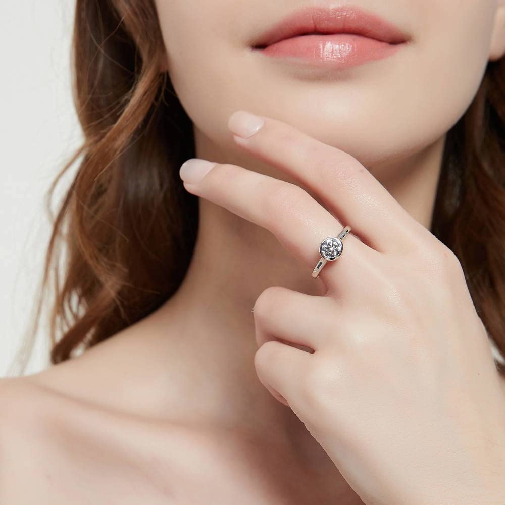 BERRICLE Sterling Silver Solitaire Wedding Engagement Rings 0.8 Carat Bezel Set Round Cubic Zirconia CZ Ring Set for Women, Rhodium Plated Size 4