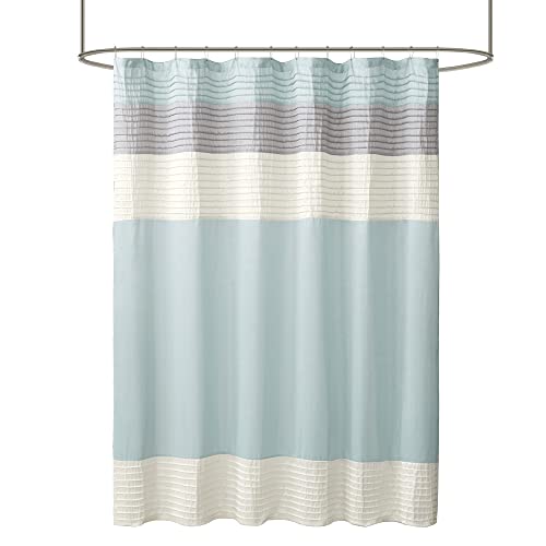 Madison Park Amherst Bathroom Shower Curtain Faux Silk Pieced Striped Modern Microfiber Bath Curtains, 72x72 Inches, Aqua