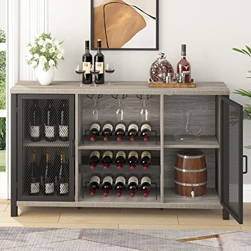 IBF Rustic Liquor Bar Cabinet, Industrial Coffee Wine Cabinet for Liquor and Glasses, Farmhouse Bar for Home Kitchen Living Dining, Sideboard Buffet Cabinet with Bar Rack Storage, Light Gray Oak 55 In