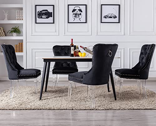 Kmax Velvet Elegant Upholstered Dining Chairs, Armless Accent Chair with Ring Pull Acrylic Legs, Set of 2 - Black