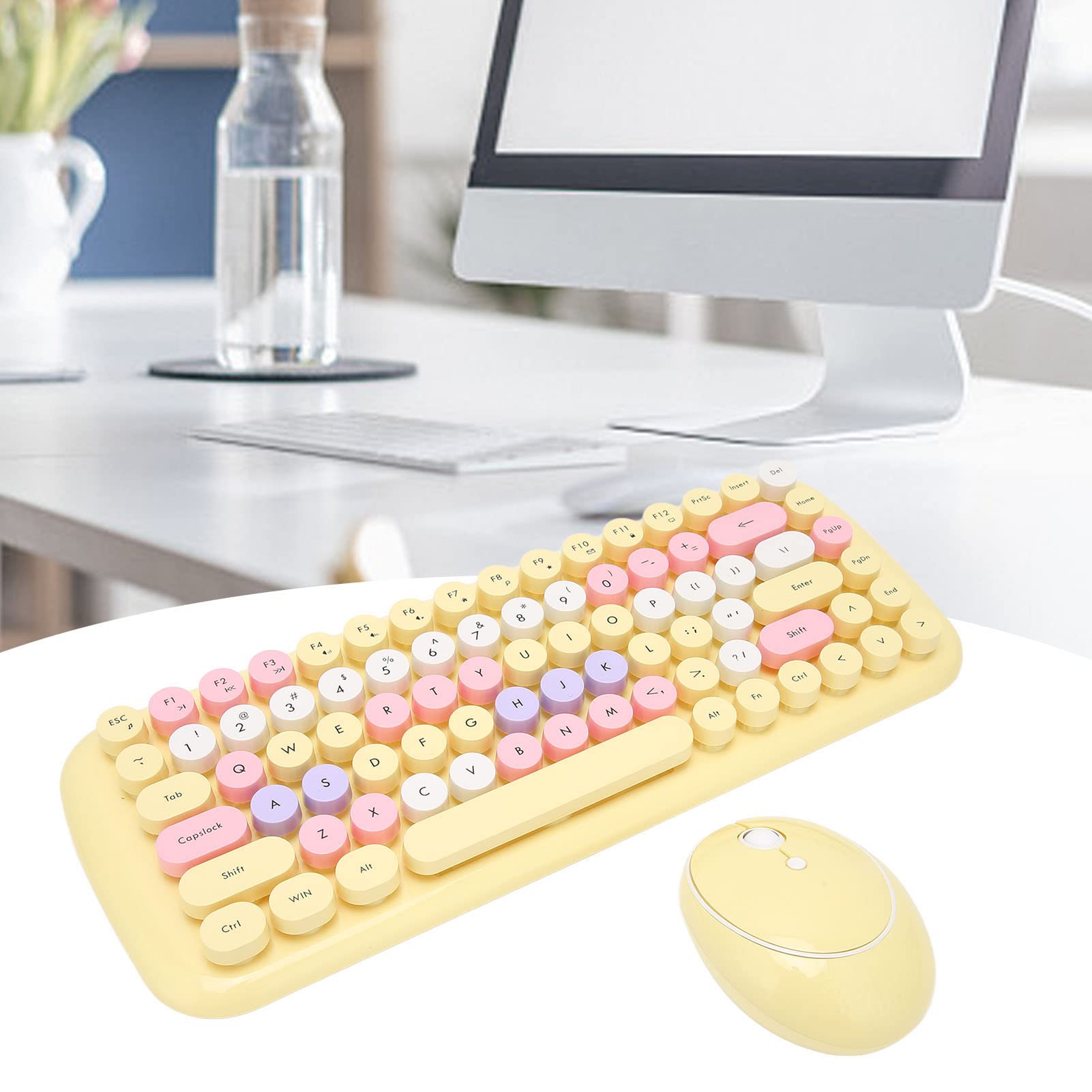 Cute Keyboard Mouse Combo, 84 Keys Mixed Color Keyboard with Round Keycap, 1600DPI Gaming Mouse, Mini Keyboard Mouse Combo for Girls (Candy-Lemon Yellow Mixed Color)