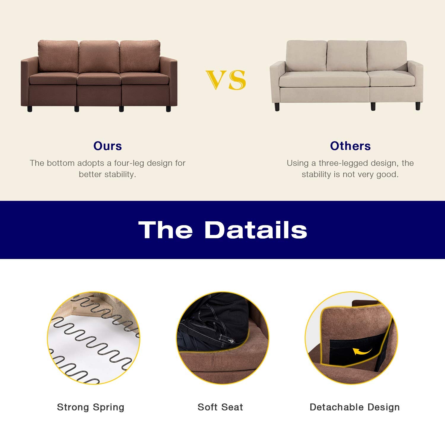 Flamaker Convertible Sectional Sofa L-Shaped Couch 3-seat Modern Fabric Reversible Sofa Couch for Living Room (Brown)
