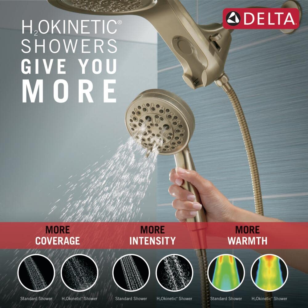 Delta Faucet HydroRain 5-Spray H2Okinetic Dual Shower Head with Handheld Spray, Gold Shower Head with Hose, Handheld Shower Heads, 2.5 GPM Flow Rate, Lumicoat Champagne Bronze 58680-CZ-PR25