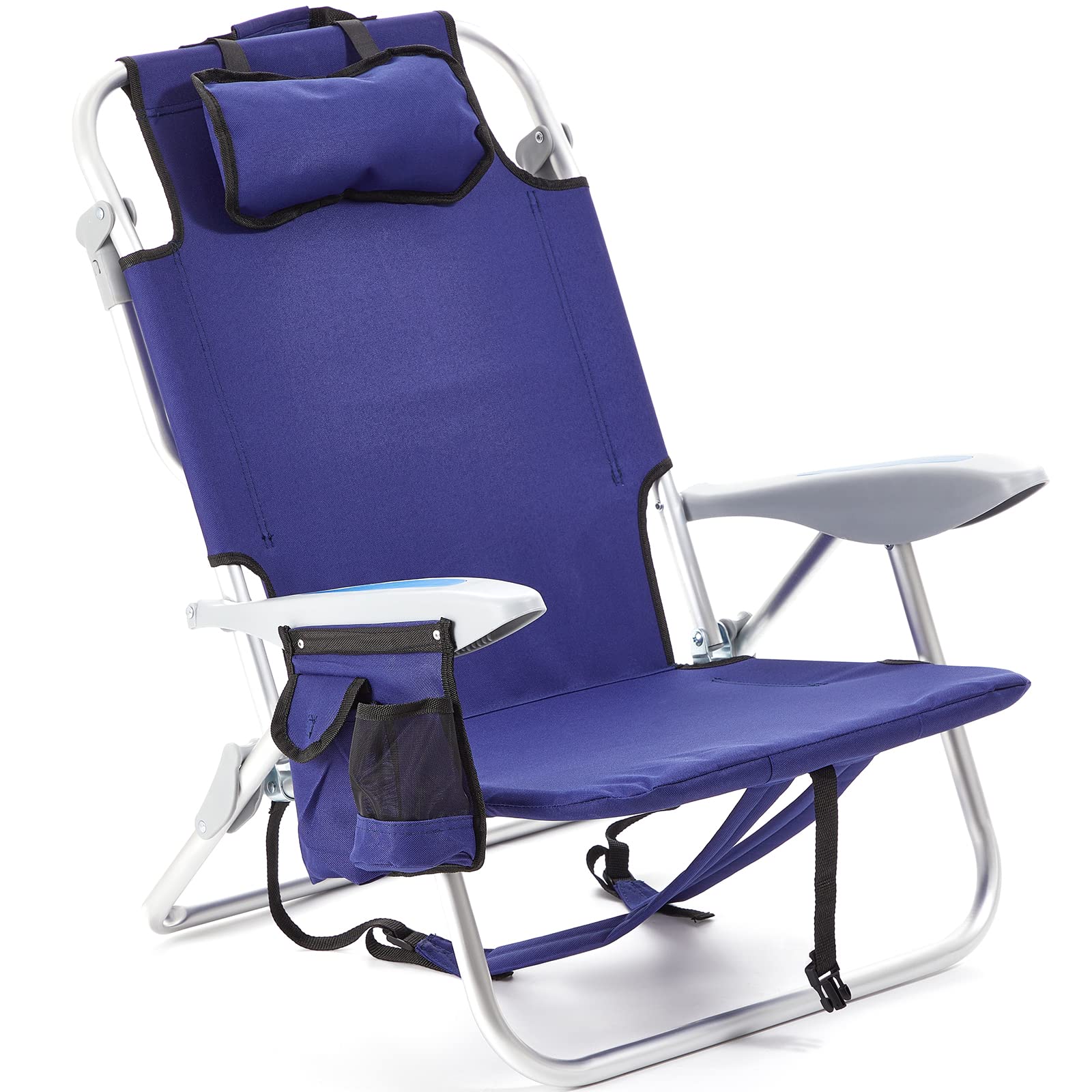 Canpsky Portable Camping Beach Chair for Adults, Lay Flat Folding Backpack Beach Chair with 4 Positions, Lightweight Beach Chairs with Headrest, Cooler Pouch, Cup Holder for Sand Party, Navy