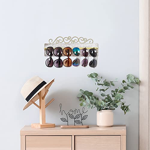 MyGift Vintage Whitewashed Wood Wall Mounted Sunglasses Rack, Entryway Glasses Holder Eyewear Display with Rail Hanger and Scrollwork Brass Tone Metal Design