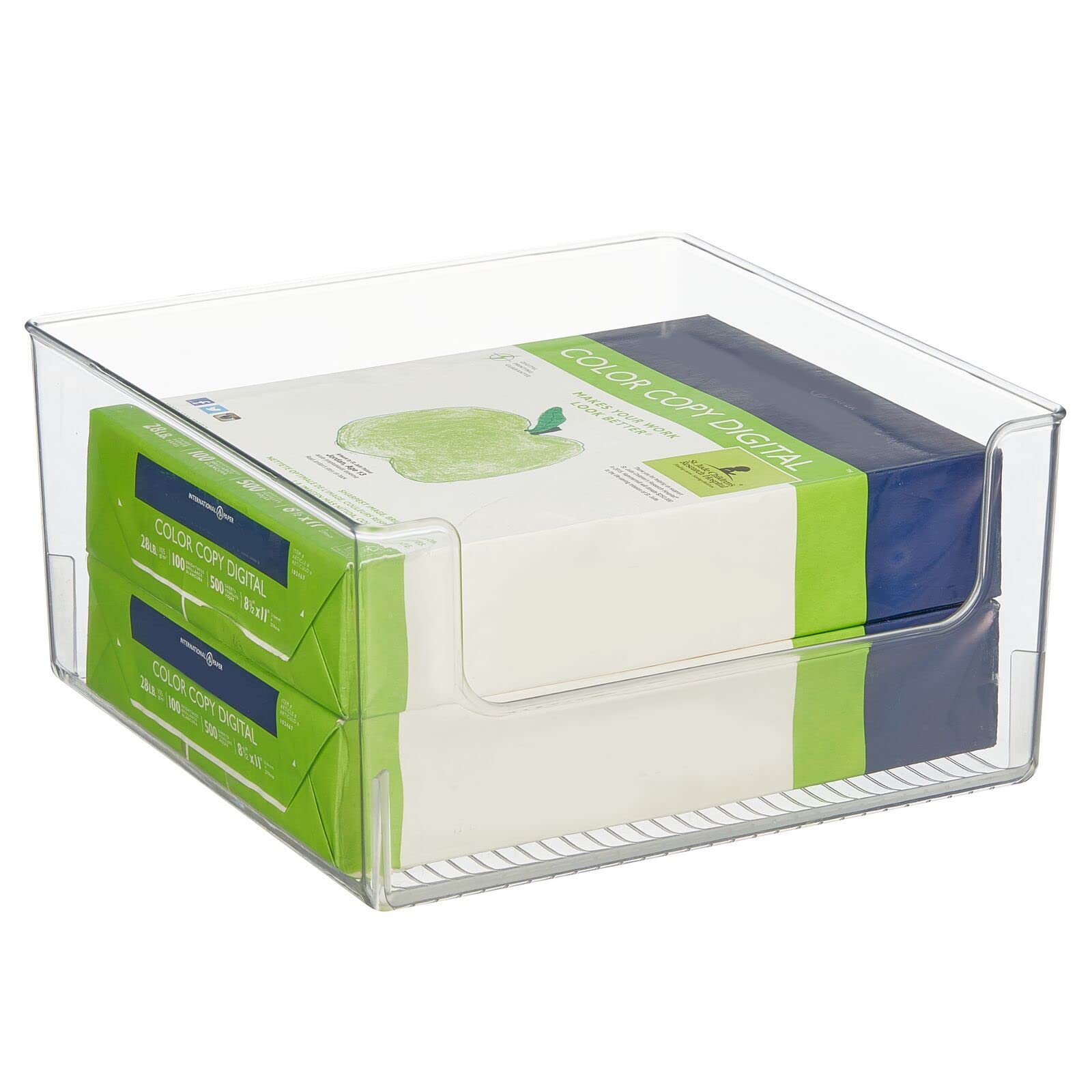 mDesign Modern Wide Plastic Open Front Dip Storage Organizer Bin Basket for Home Office Organization - Shelf, Cubby, Cabinet, and Closet Organizing Decor - Ligne Collection - 4 Pack - Clear